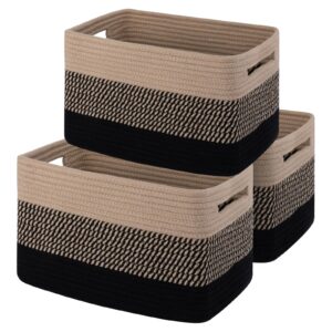 oiahomy storage basket, woven baskets for storage, cotton rope basket for toys,towel baskets for bathroom - pack of 3, black & brown