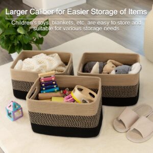 OIAHOMY Storage Basket, Woven Baskets for Storage, Cotton Rope Basket for toys,Towel Baskets for Bathroom - Pack of 3, Black & Brown