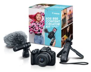 canon eos r50 content creator kit, mirrorless vlogging camera, 24.2 mp, 4k video, digic x image processor, rf-s18-45mm f4.5-6.3 is stm lens, stereo microphone, tripod grip, wireless remote control