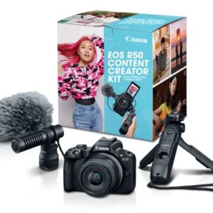 Canon EOS R50 Content Creator Kit, Mirrorless Vlogging Camera, 24.2 MP, 4K Video, DIGIC X Image Processor, RF-S18-45mm F4.5-6.3 IS STM Lens, Stereo Microphone, Tripod Grip, Wireless Remote Control