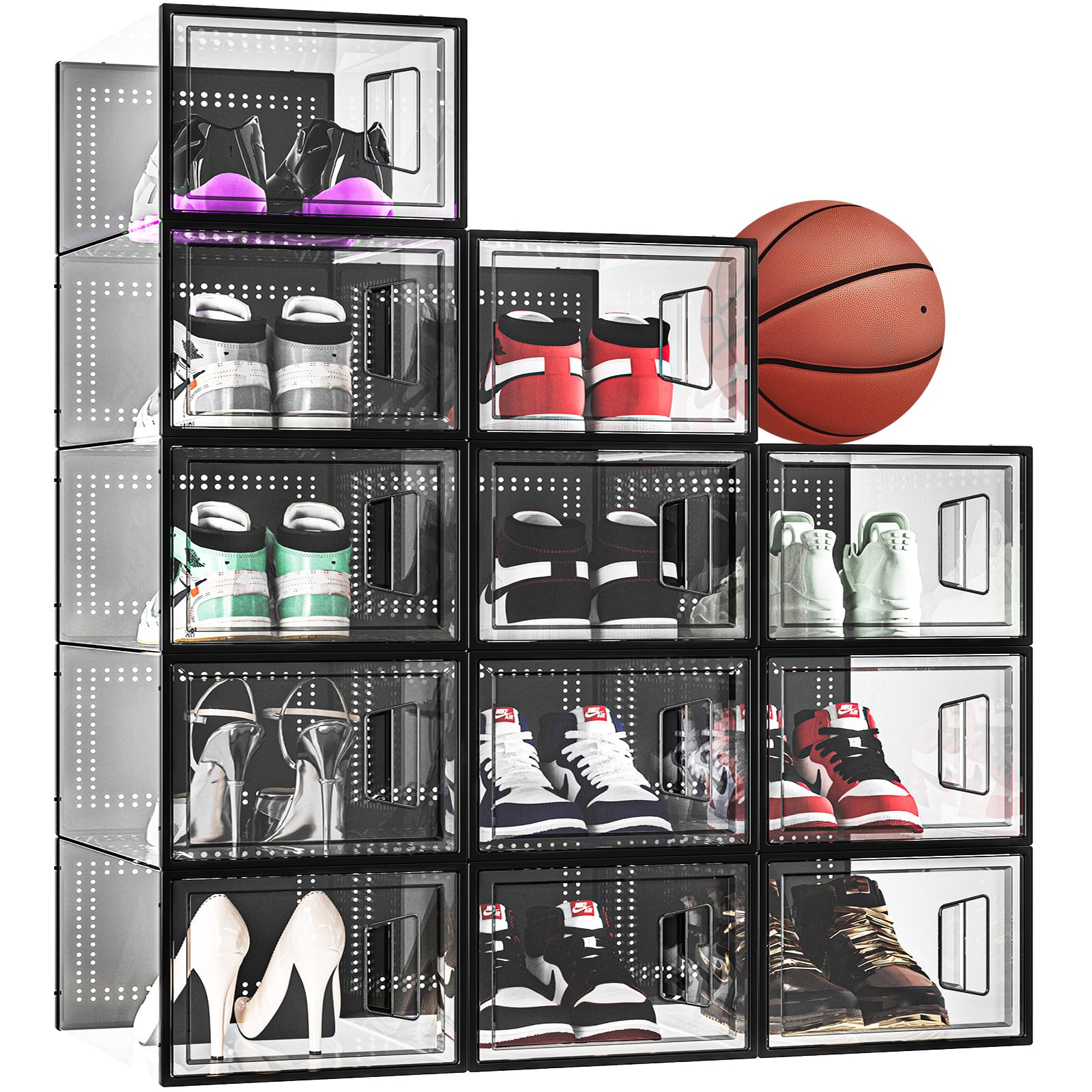 Skylook X-Large 12 Pack Shoe Organizer,Stackable Ultra Transparent Plastic Shoe Box for Closet,Durable Shoe Storage,Substitute shoe rack Fit for Women/Men High-top shoes(13.4”x 10.1”x 6.9”)