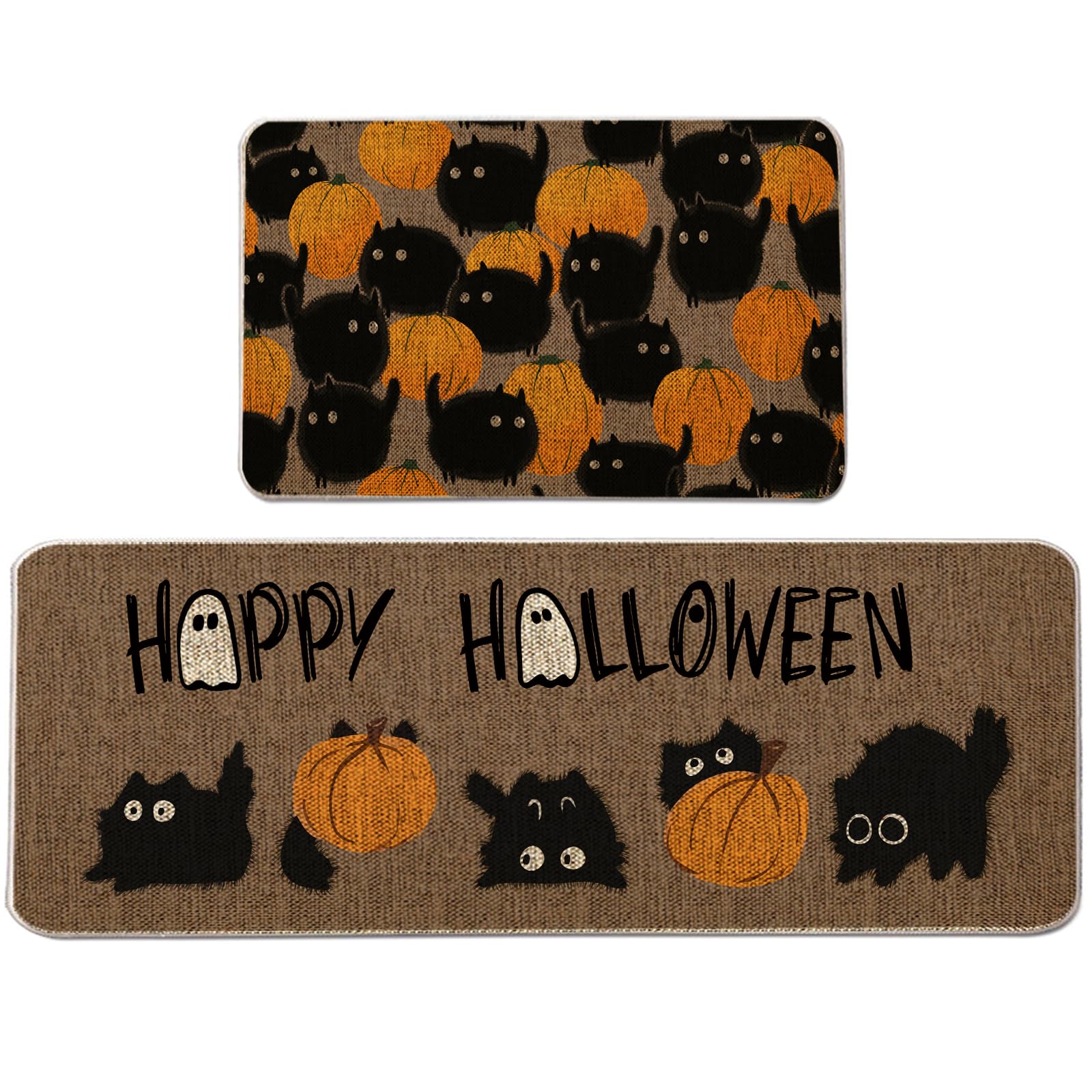 GAGEC Halloween Kitchen Mat Set of 2, Black Cat Pumpkins Kitchen Rug, Halloween Farmhouse Party Floor Mat for Home Kitchen Decorations - 17x27 and 17x47 Inch