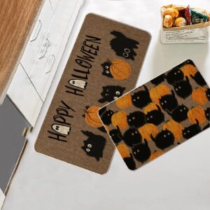 GAGEC Halloween Kitchen Mat Set of 2, Black Cat Pumpkins Kitchen Rug, Halloween Farmhouse Party Floor Mat for Home Kitchen Decorations - 17x27 and 17x47 Inch