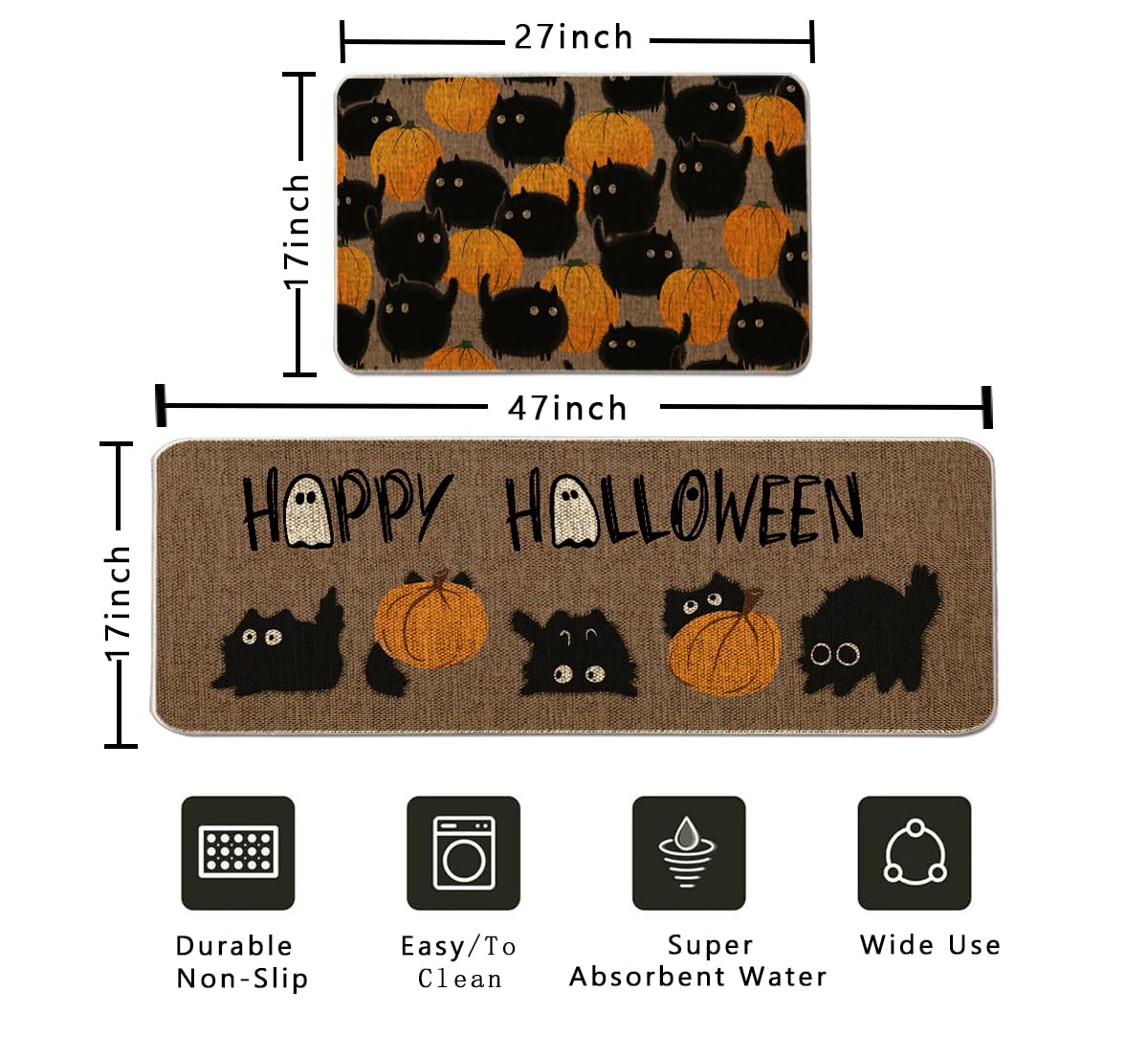 GAGEC Halloween Kitchen Mat Set of 2, Black Cat Pumpkins Kitchen Rug, Halloween Farmhouse Party Floor Mat for Home Kitchen Decorations - 17x27 and 17x47 Inch