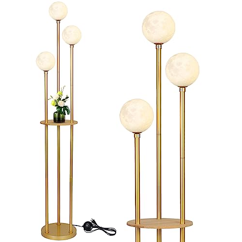 3 Globe Floor Lamp with Shelves, Modern Shelf Lamp with 3D Printing Moon Lampshade, Mid Century Standing Lamp with Table, Metal Tall Lamp for Corner Display, Gold Floor Lamps For Living Room, Bedroom