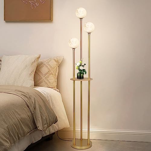 3 Globe Floor Lamp with Shelves, Modern Shelf Lamp with 3D Printing Moon Lampshade, Mid Century Standing Lamp with Table, Metal Tall Lamp for Corner Display, Gold Floor Lamps For Living Room, Bedroom