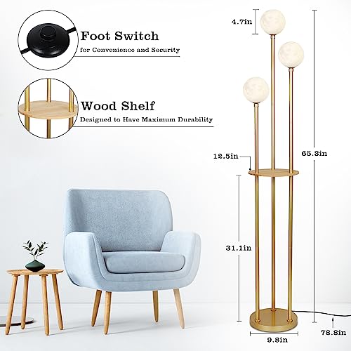 3 Globe Floor Lamp with Shelves, Modern Shelf Lamp with 3D Printing Moon Lampshade, Mid Century Standing Lamp with Table, Metal Tall Lamp for Corner Display, Gold Floor Lamps For Living Room, Bedroom