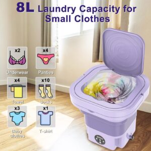 Portable Washing Machine, 2 in 1 Mini Foldable Washer with Spin Dryer Small Bucket, 8L Large Intelligent Laundry Machine for Baby Clothes, Underwear, Apartment, Camping, RV, Gift, Travel, Purple