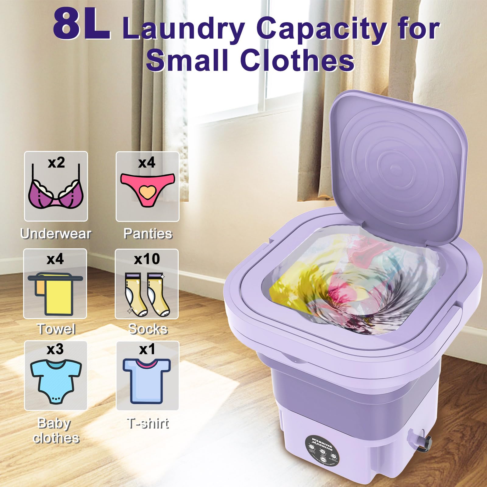 Portable Washing Machine, 2 in 1 Mini Foldable Washer with Spin Dryer Small Bucket, 8L Large Intelligent Laundry Machine for Baby Clothes, Underwear, Apartment, Camping, RV, Gift, Travel, Purple