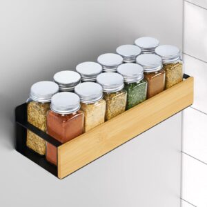 JEJEGO Aesthetic Magnetic Spice Racks Organizer for Refrigerator, 4 Pack Movable Magnetic Fridge Shelf for Laundry and Kitchen Organization, Metal and Natural Bamboo, Black