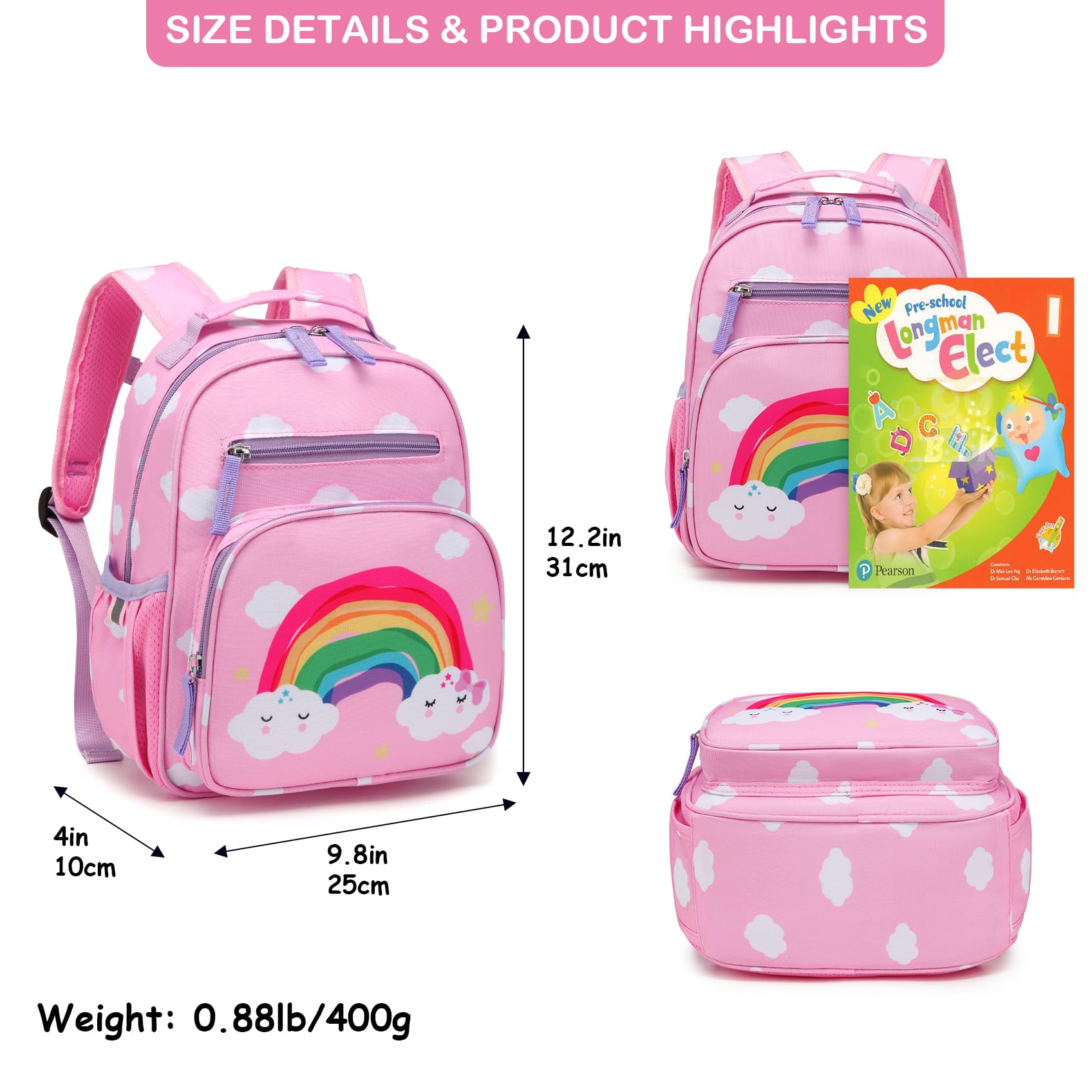 Toddler Backpack for Boys Girls, Preschool Kindergarten School Book Bag Cute Kids Backpacks with Chest Strap, Rainbow