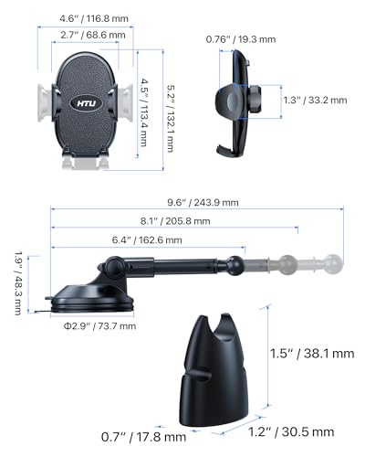 【Military-Grade Stable Suction】 Cell Phone Holder for Car,【Flexible Telescopic Arm】 360° Rotatable Stand Dashboard Windshield Cellphone Mount for iPhone 15 14 13 12 Samsung Smartphone Truck, Black