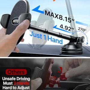 【Military-Grade Stable Suction】 Cell Phone Holder for Car,【Flexible Telescopic Arm】 360° Rotatable Stand Dashboard Windshield Cellphone Mount for iPhone 15 14 13 12 Samsung Smartphone Truck, Black