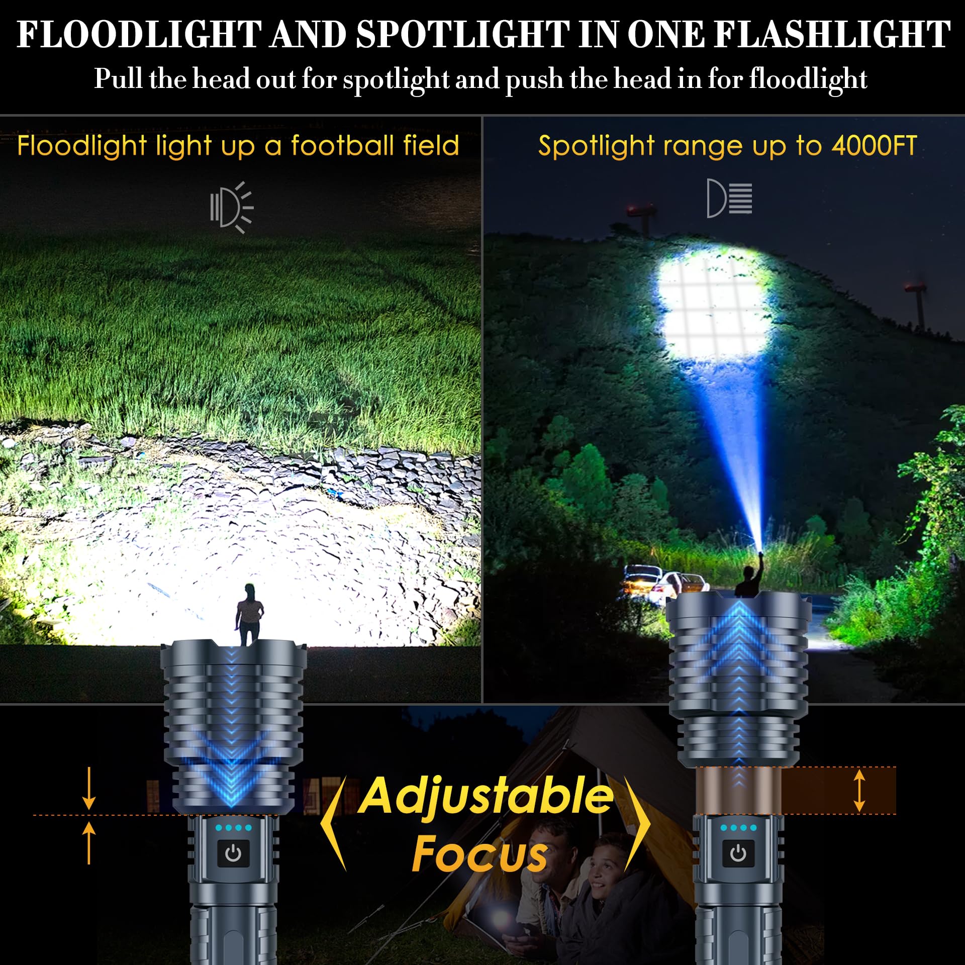 Super Bright Rechargeable Flashlights 1200000 High Lumen, Powerful LED Flashlight, IPX7 Waterproof Floodlight & Spotlight Flashlight 2-in-1 W/5 Modes for Camping, Emergency, Search & Rescue