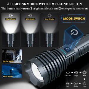 Super Bright Rechargeable Flashlights 1200000 High Lumen, Powerful LED Flashlight, IPX7 Waterproof Floodlight & Spotlight Flashlight 2-in-1 W/5 Modes for Camping, Emergency, Search & Rescue