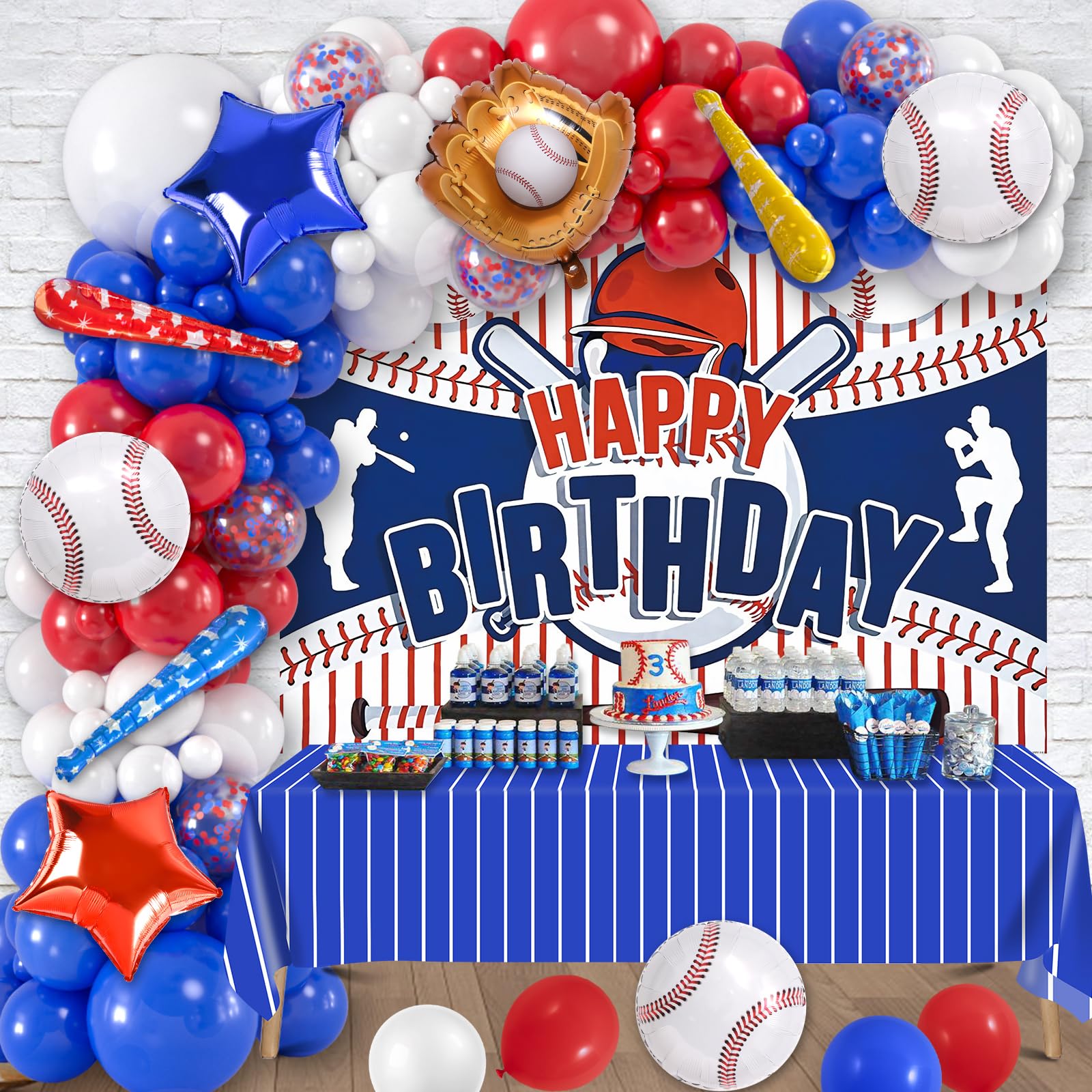 Winrayk 127Pcs Baseball Birthday Party Decorations Supplies Red White and Blue Baseball Balloon Arch Backdrop Tablecloth Star Glove Baseball Foil Balloon, Teen Kids Girls Boys Sports Party Decorations