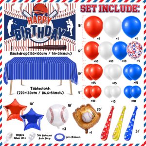 Winrayk 127Pcs Baseball Birthday Party Decorations Supplies Red White and Blue Baseball Balloon Arch Backdrop Tablecloth Star Glove Baseball Foil Balloon, Teen Kids Girls Boys Sports Party Decorations