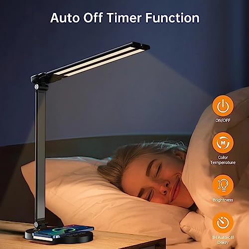 LED Desk Lamps for Home Office, Double Head Touch Desk Lamp with Wireless Charger, Dimmable Desk Light with USB Charging Port, Adjustable Reading Lamp, Eye-Caring Table Lamp with Night Light, 1H Timer