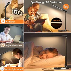 LED Desk Lamps for Home Office, Double Head Touch Desk Lamp with Wireless Charger, Dimmable Desk Light with USB Charging Port, Adjustable Reading Lamp, Eye-Caring Table Lamp with Night Light, 1H Timer