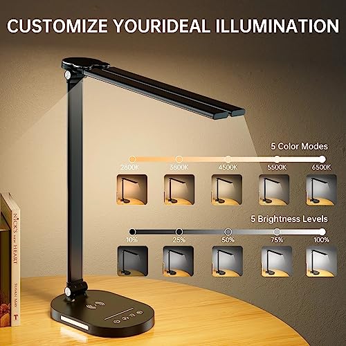 LED Desk Lamps for Home Office, Double Head Touch Desk Lamp with Wireless Charger, Dimmable Desk Light with USB Charging Port, Adjustable Reading Lamp, Eye-Caring Table Lamp with Night Light, 1H Timer