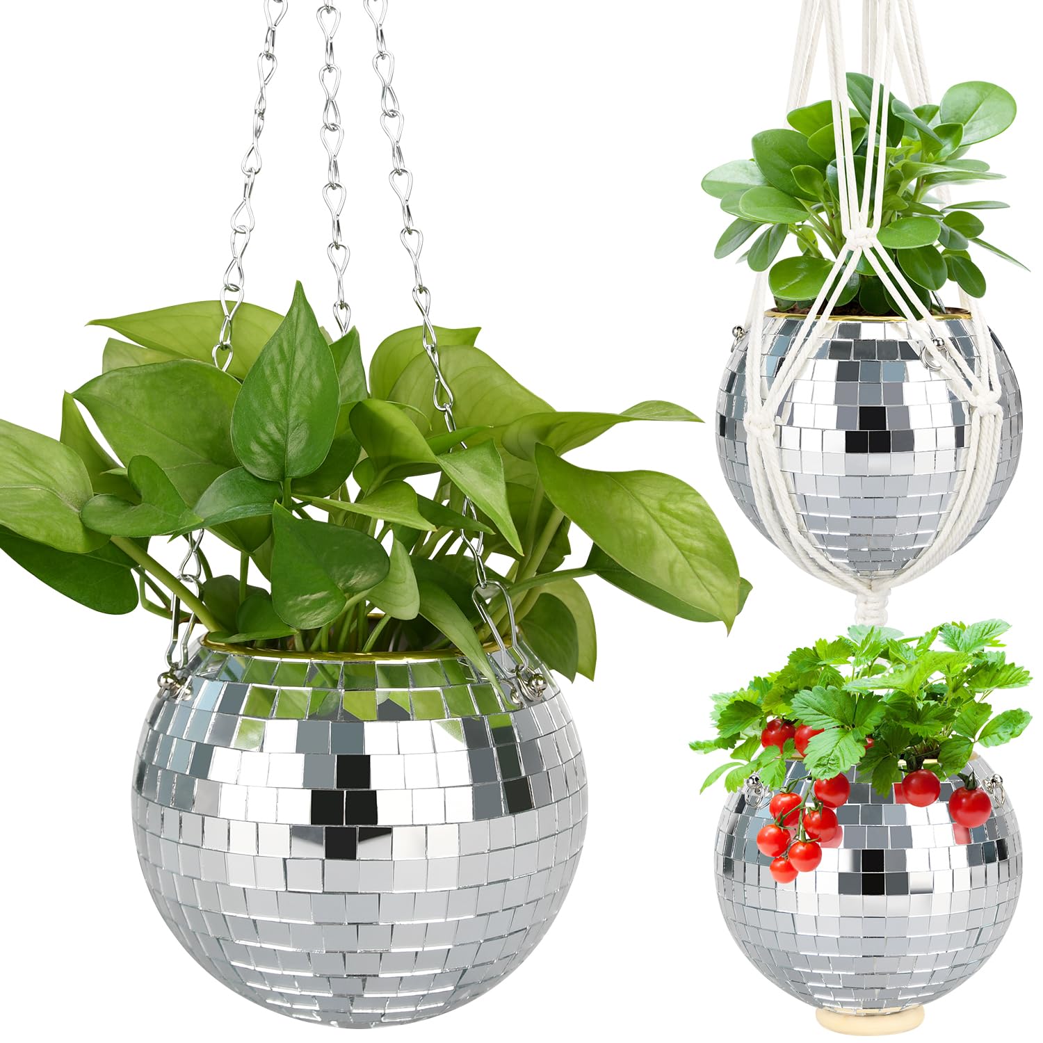 FGBNM 1/2/3pcs Disco Ball Planter, 4"/6"/8" Planter, Silver/Rose Gold Planter, Disco Ball Plant Hanger with Hanging Rope, Hanging Chain, Hook, Circle and Extra Mirror Pieces (6" Silver, 1pcs)