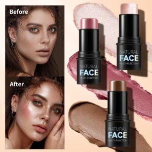 Contour Stick, Highlighter Stick, Blush Stick Set - Creamy Formula for Sculpting, Gleaming and Flushing the Face. All-in-One Contouring, Illuminating, Rouge Makeup Collection Sticks to Achieve Dimensional, Chiseled Facial Features and Refined Sculpted Loo