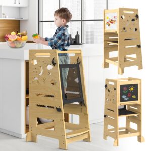 topboytoe toddler tower, toddler kitchen stool helper with safety rail, natural wood kitchen step stool for kids, adjustable height montessori learning tower for bathroom & kitchen counter