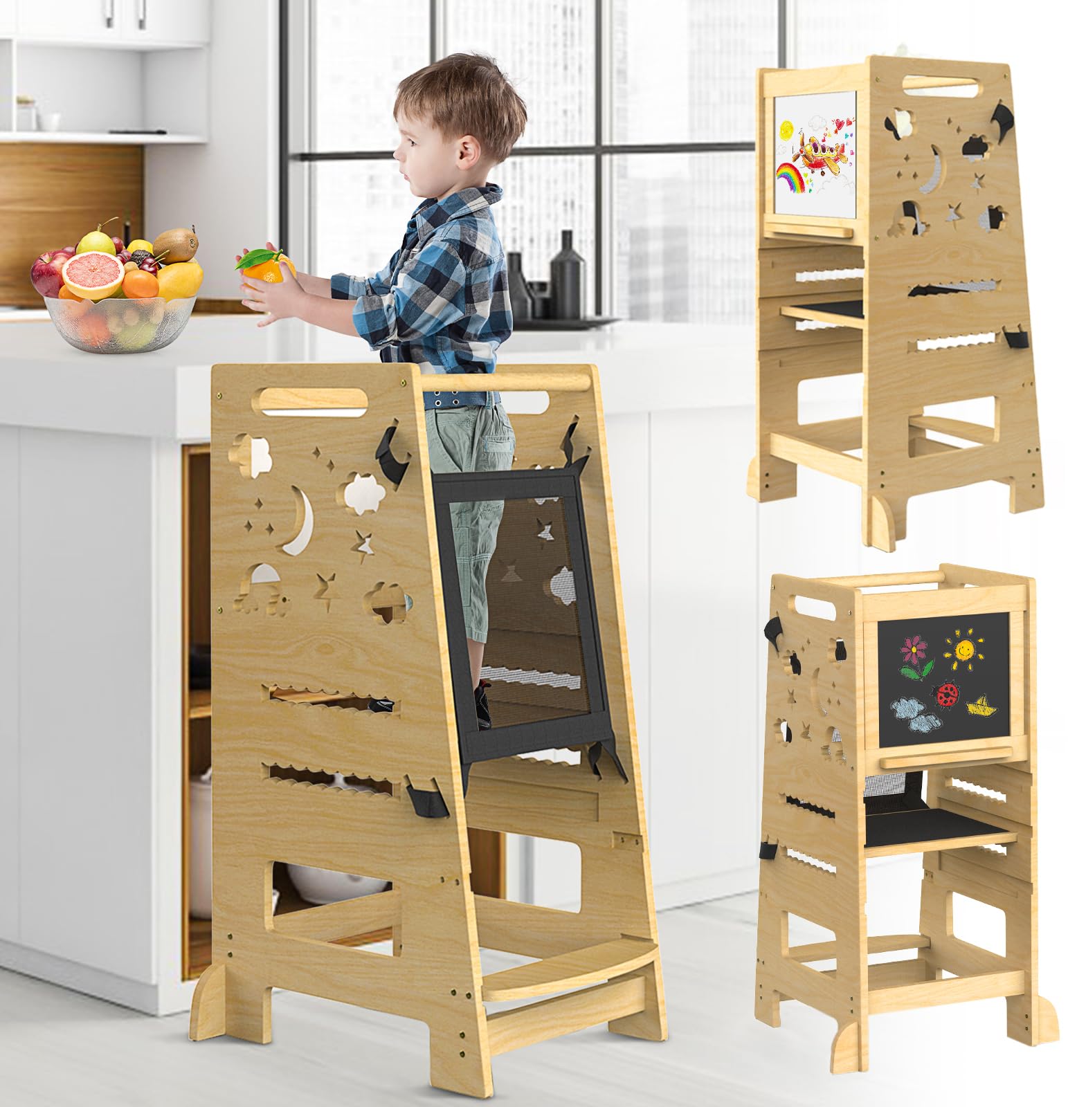 TOPBOYTOE Toddler Tower, Toddler Kitchen Stool Helper with Safety Rail, Natural Wood Kitchen Step Stool for Kids, Adjustable Height Montessori Learning Tower for Bathroom & Kitchen Counter