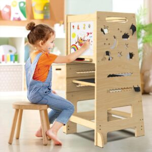 TOPBOYTOE Toddler Tower, Toddler Kitchen Stool Helper with Safety Rail, Natural Wood Kitchen Step Stool for Kids, Adjustable Height Montessori Learning Tower for Bathroom & Kitchen Counter