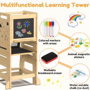 TOPBOYTOE Toddler Tower, Toddler Kitchen Stool Helper with Safety Rail, Natural Wood Kitchen Step Stool for Kids, Adjustable Height Montessori Learning Tower for Bathroom & Kitchen Counter