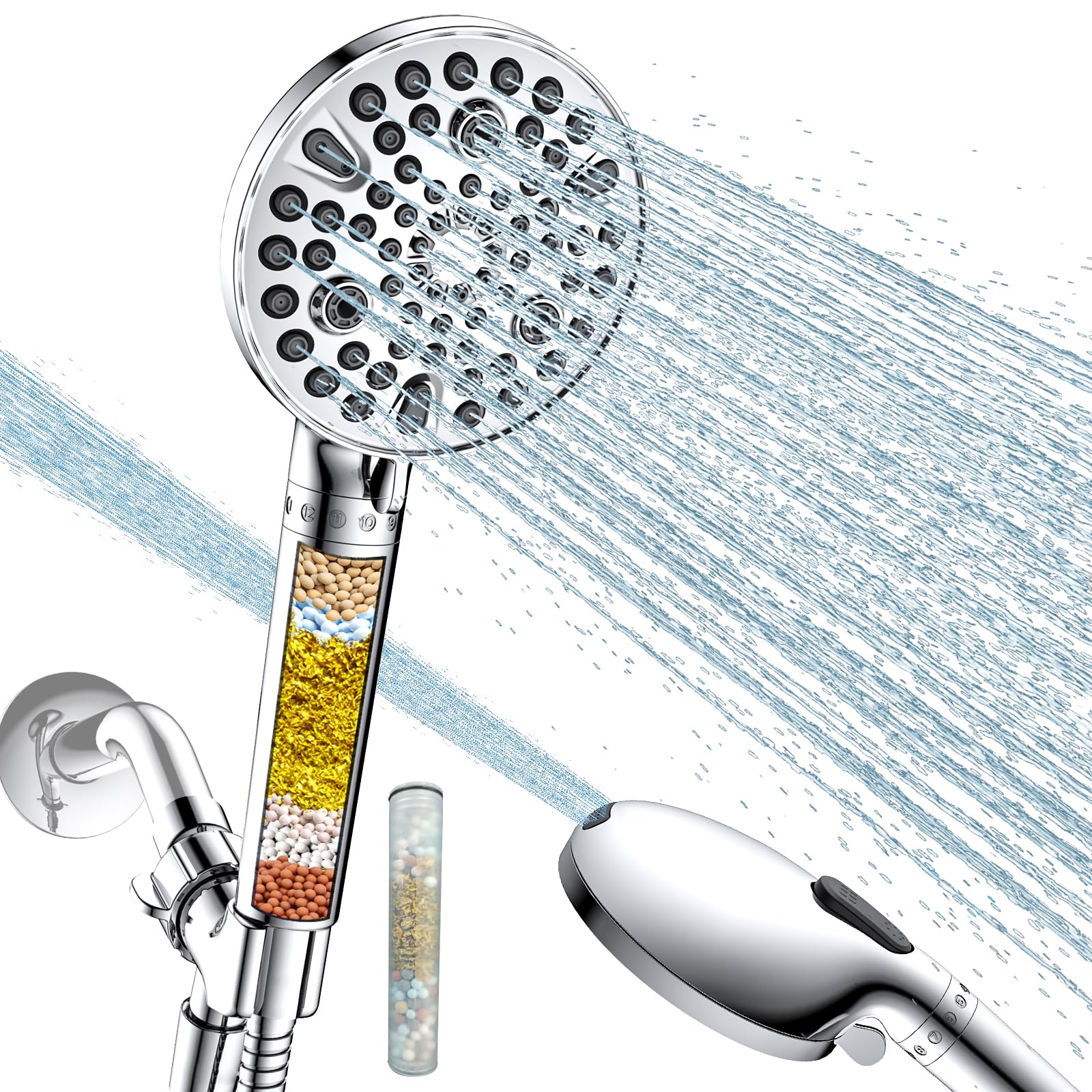 High Pressure Handheld Shower Head 4.7" Large, 10-mode Detachable Shower Head with Hard Water Filter & Adjustable Bracket, Anti-clog & Powerful to Clean Tile & Pets, with 80" Hose - Polished Chrome