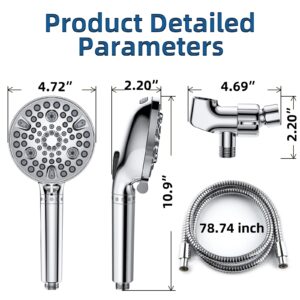 High Pressure Handheld Shower Head 4.7" Large, 10-mode Detachable Shower Head with Hard Water Filter & Adjustable Bracket, Anti-clog & Powerful to Clean Tile & Pets, with 80" Hose - Polished Chrome