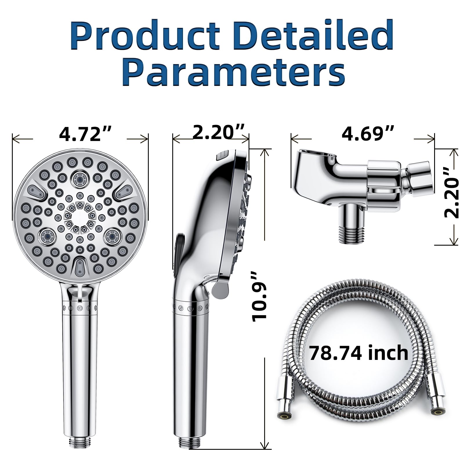 High Pressure Handheld Shower Head 4.7" Large, 10-mode Detachable Shower Head with Hard Water Filter & Adjustable Bracket, Anti-clog & Powerful to Clean Tile & Pets, with 80" Hose - Polished Chrome