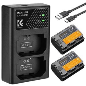 k&f concept np-fz100 battery and dual slot charger set for sony a7iii, a7iv, a7c, zv-e1, fx3, fx30, a9, a6600, alpha 9, alpha 9s, a9s, a7r3, a7r4 camera batteries, 2280mah