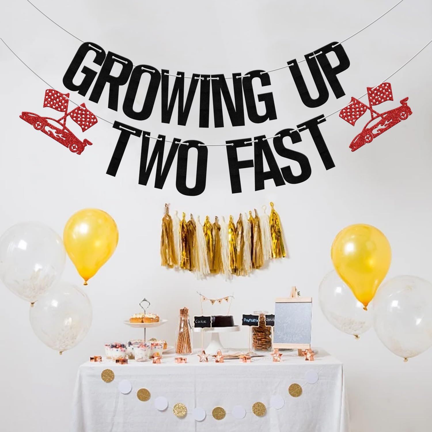 Growing Up Two Fast Banner, Happy 2nd Birthday Decorations, Race Car Theme Party Decors, Racing Party Second Birthday Party Supplies Black Red Glitter