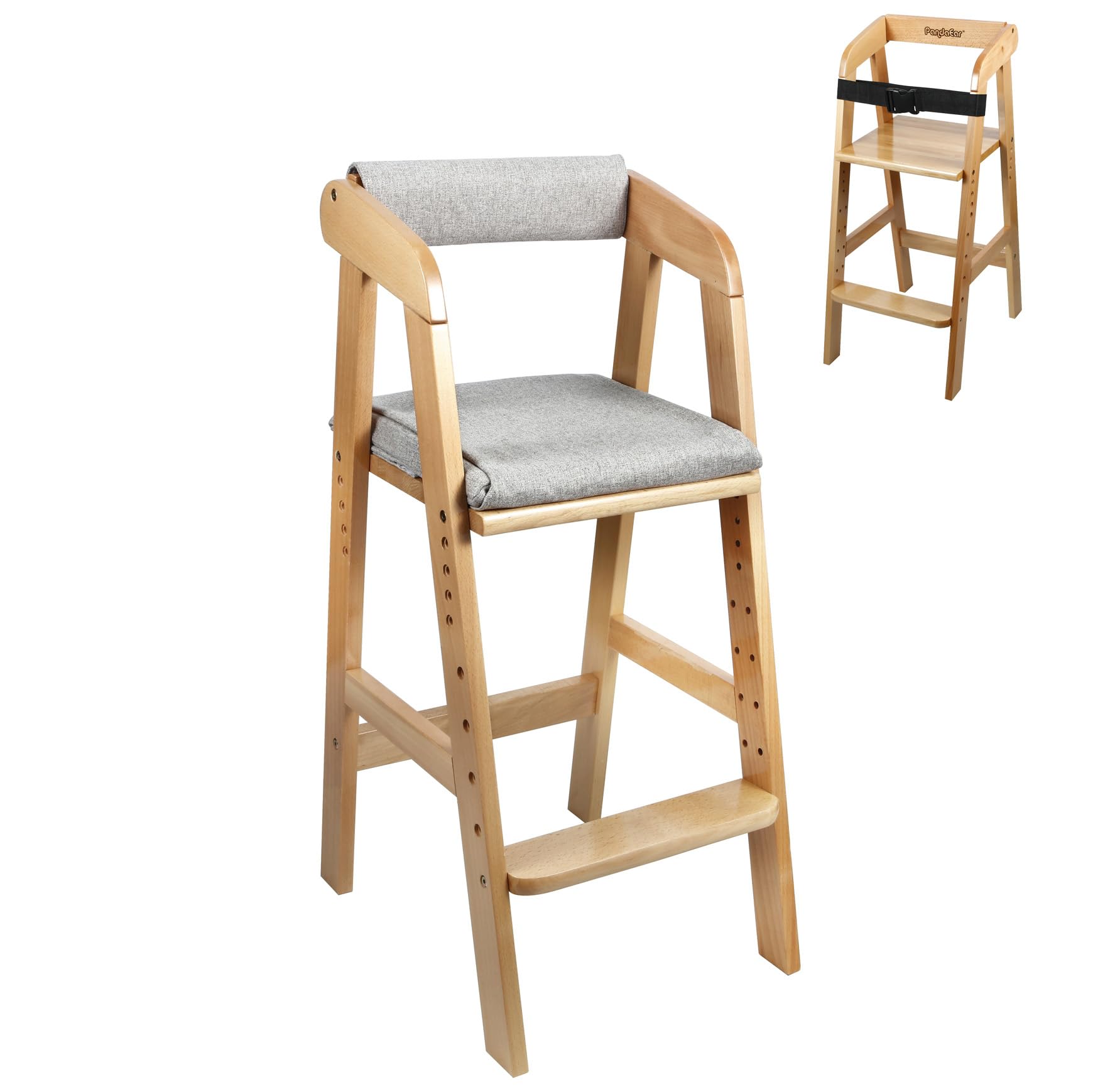 PandaEar Wooden High Chair for Toddlers, Adjustable Child Highchair Feeding Chair with Removable Cushion & Steps for Kids Dining, Eating, Studying