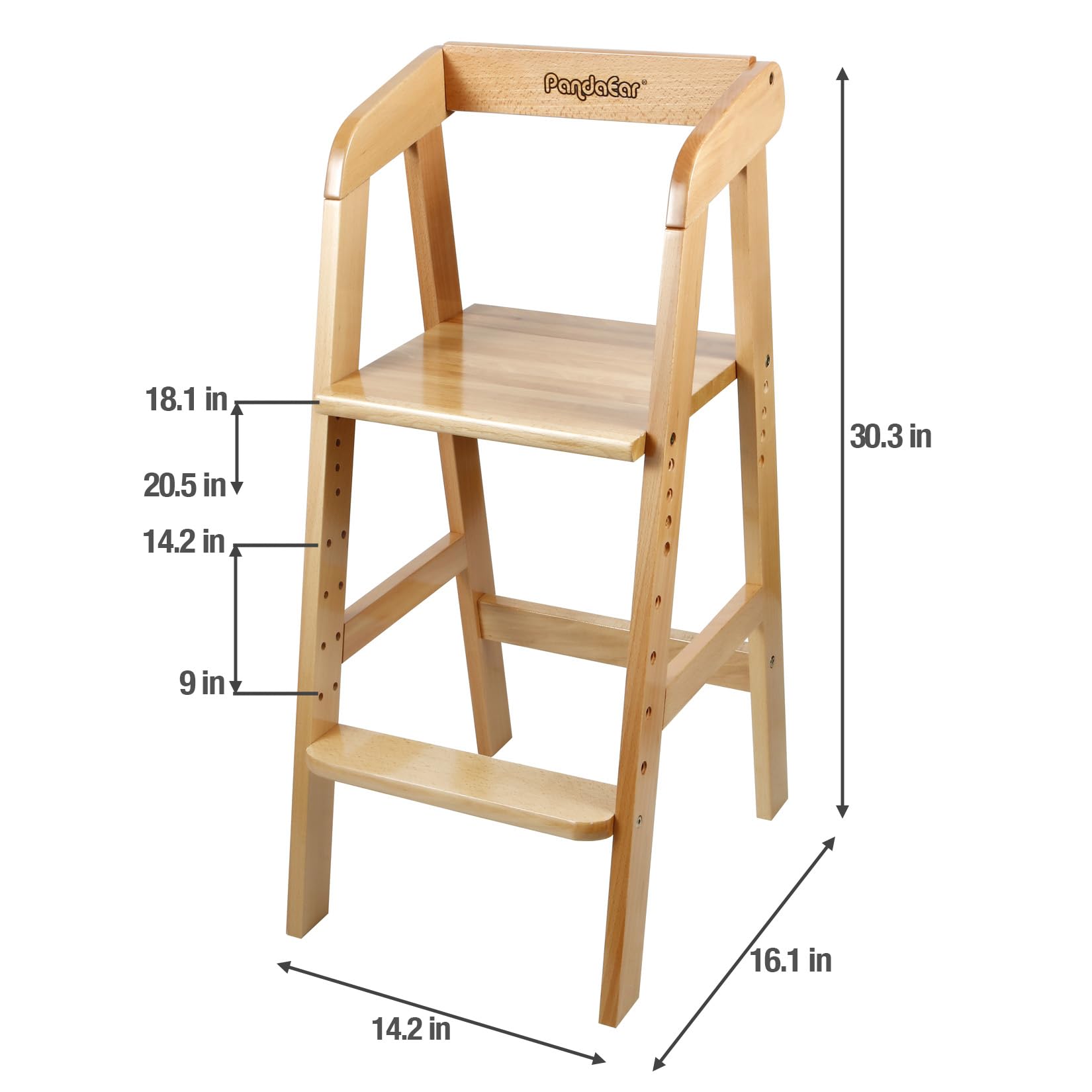 PandaEar Wooden High Chair for Toddlers, Adjustable Child Highchair Feeding Chair with Removable Cushion & Steps for Kids Dining, Eating, Studying