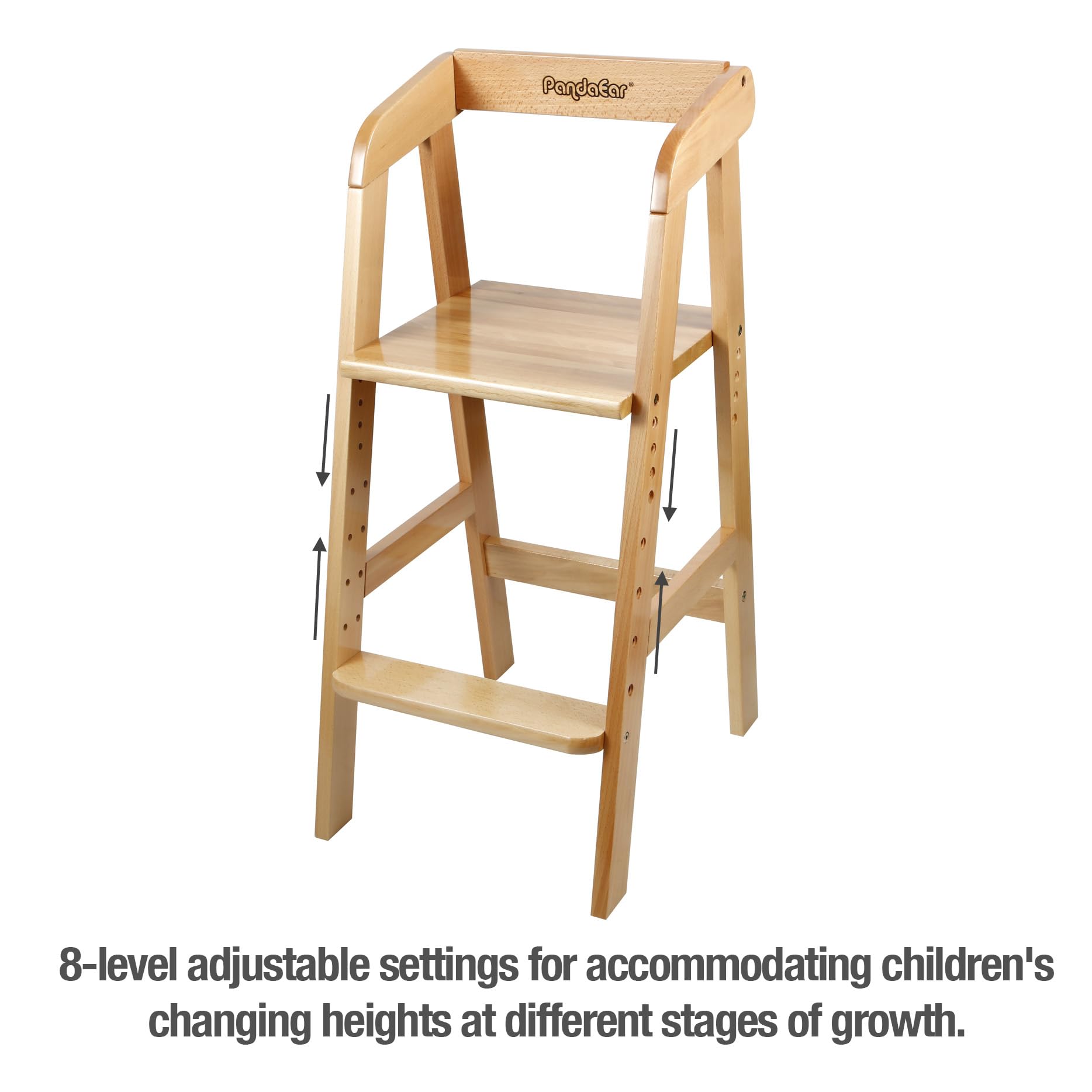 PandaEar Wooden High Chair for Toddlers, Adjustable Child Highchair Feeding Chair with Removable Cushion & Steps for Kids Dining, Eating, Studying