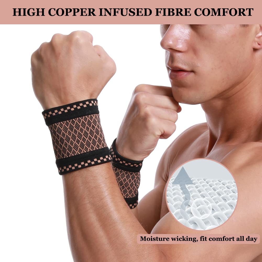 Copper Wrist Compression Sleeves (2Pcs), Compression Wrist Brace Wrist Support for Improved Circulation, Recovery, Elastic Wrist Bands for Men and Women Sport, Tendonitis, Arthritis, Carpal Tunnel-M