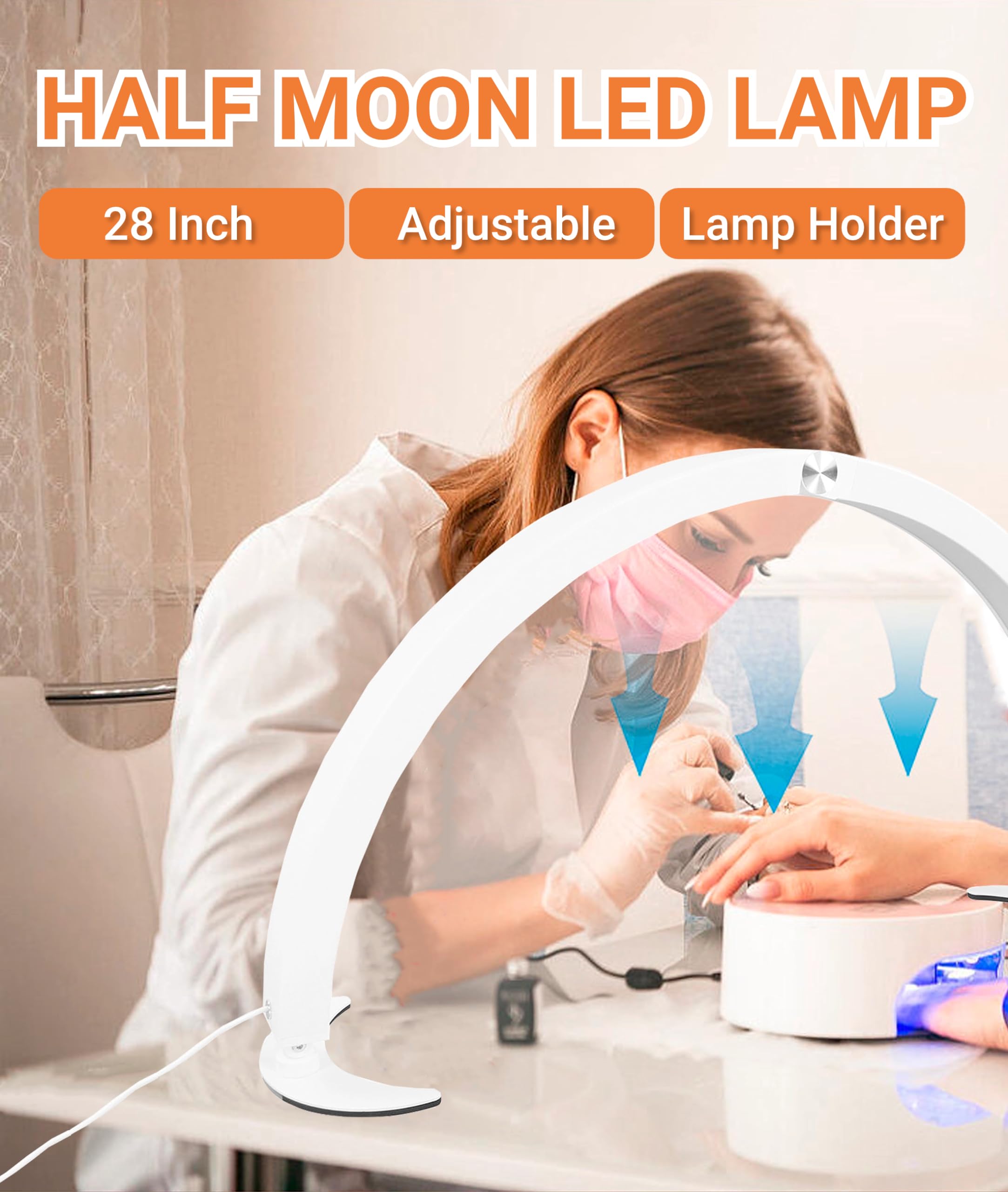 Jectse Half Moon Desk Lamp, 28 Inch Nail Desk Lamp LED Half Moon Light Nail Light with 10 Brightness and 7 Colors, Dimmable Half Moon Lamp for Nails Lash Extension Tattoo (US Plug)