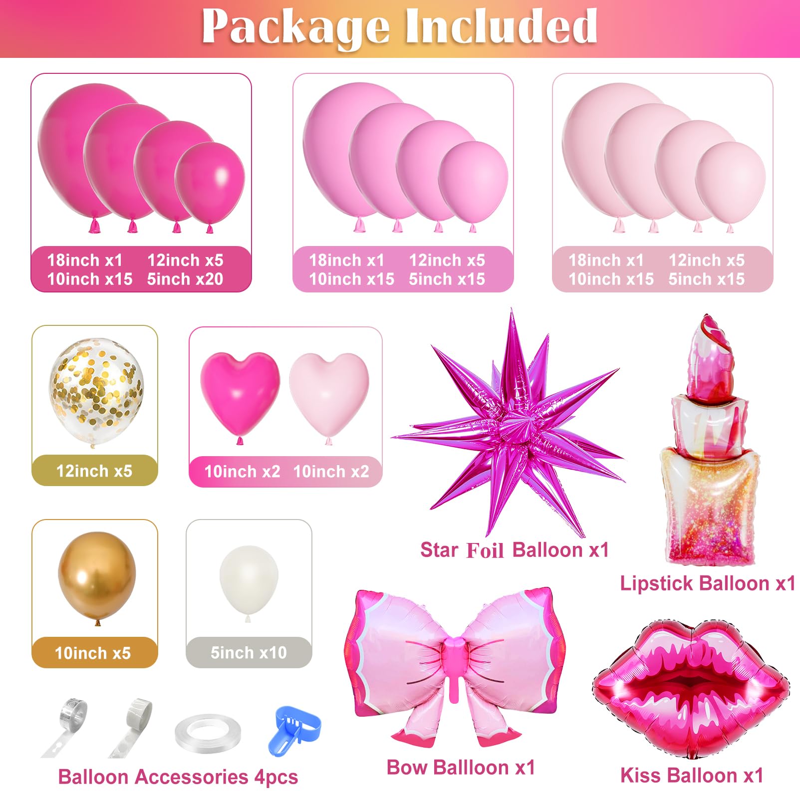 145Pcs Princess Pink Balloon Garland Arch Kit, Hot Pink Confetti 4D Star Lipstick Kiss Bow Balloons for Girls Women Valentines Bridal Baby Shower Makeup Bachelorette Princess Birthday Party Decors