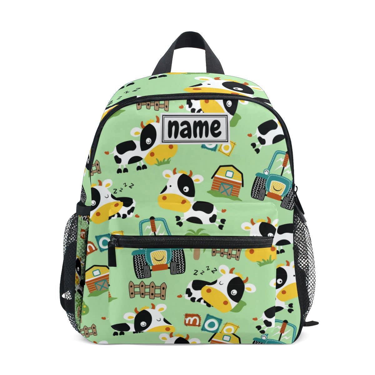 Glaphy Custom Kid's Name Backpack Funny Cow Cute Tractor Car Toddler Backpack for Daycare Travel Personalized Name Preschool Bookbag for Boys Girls