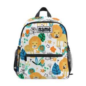 glaphy custom kid's name backpack, cute lion and tropical plants toddler backpack for daycare travel personalized name preschool bookbag for boys girls