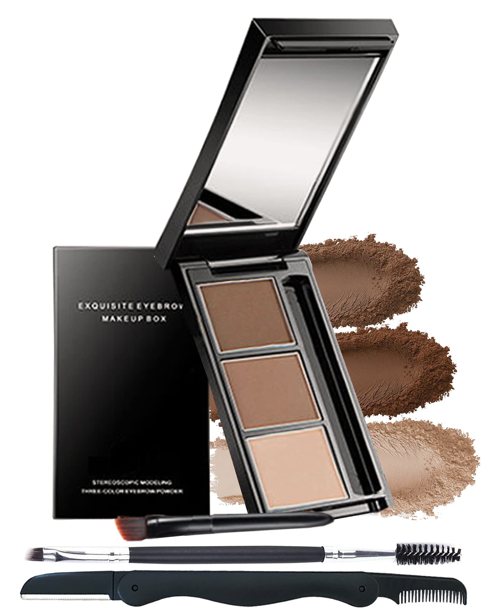 Eyebrow Powder Makeup Kit-3 Colors Eye Brow Powder Palette Long-Lasting Waterproof, Dark/light Brown Brow Filler, Fill & Sculpt Full Eyebrows for Women, With Mirror, Brow Brush & Razor-Set 02