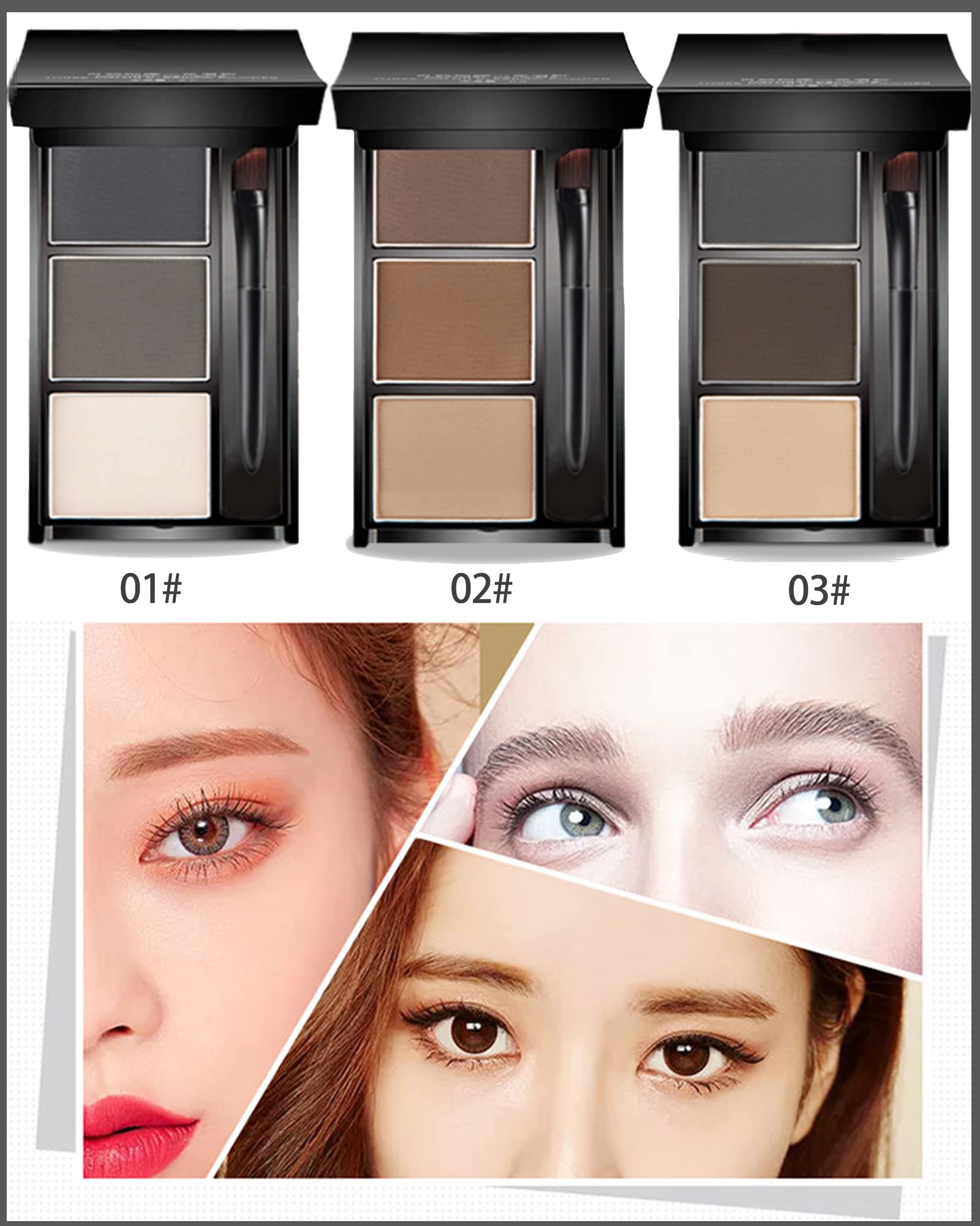 Eyebrow Powder Makeup Kit-3 Colors Eye Brow Powder Palette Long-Lasting Waterproof, Dark/light Brown Brow Filler, Fill & Sculpt Full Eyebrows for Women, With Mirror, Brow Brush & Razor-Set 02