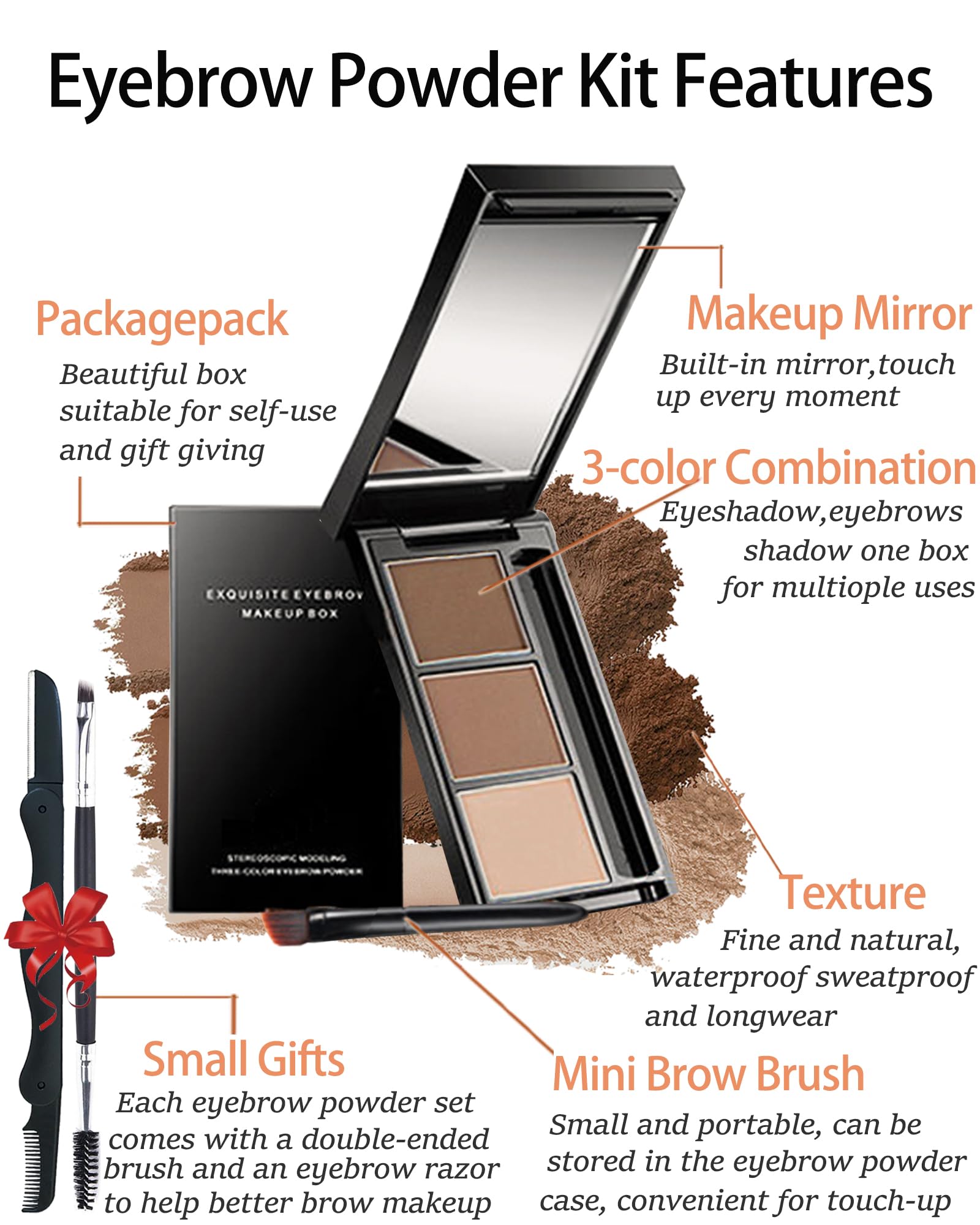 Eyebrow Powder Makeup Kit-3 Colors Eye Brow Powder Palette Long-Lasting Waterproof, Dark/light Brown Brow Filler, Fill & Sculpt Full Eyebrows for Women, With Mirror, Brow Brush & Razor-Set 02