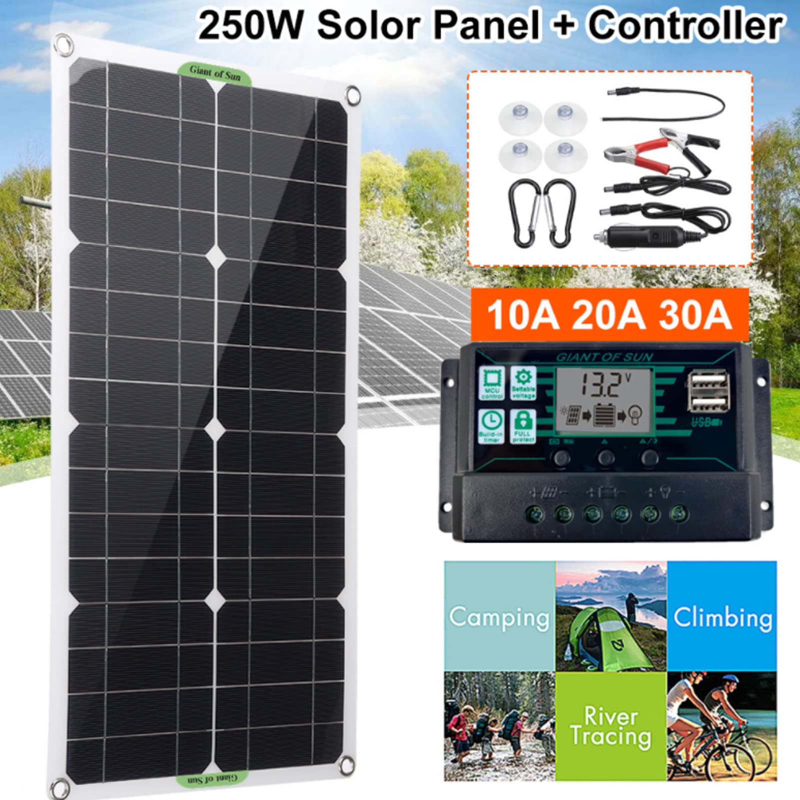 Solar Panel Kit 250W Monocrystalline Solar Panel Kit Solar Panel Controller Combo with 10A Charge Controller Dual USB Ports for RV Car Boat Battery Charging