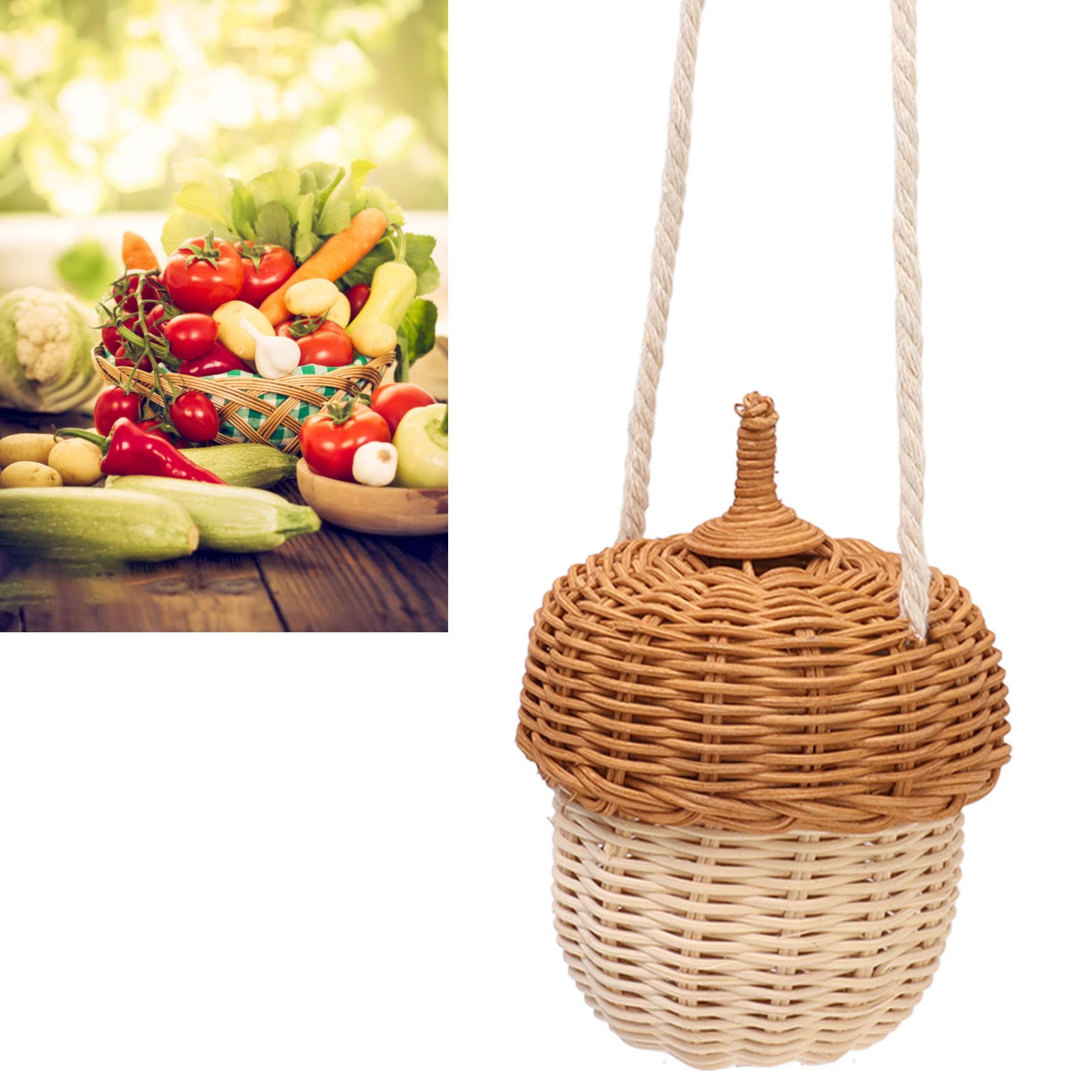 AUNMAS Rattan Woven Basket, Portable Storage Basket with Pine Cone Shape Hand Crafted Wall Hanging Box for Lid Photo Prop Room Decoration (Small Shoulder Bag)