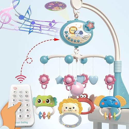 Nutsball Musical Baby Crib Mobile with Lights and Remote Control, Hanging Rotating Animals Rattles and Ceiling Light Projector with Stars, Nursery Toys with 400 Melodies for Ages 0+ Months (Blue)