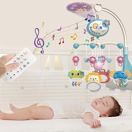 Nutsball Musical Baby Crib Mobile with Lights and Remote Control, Hanging Rotating Animals Rattles and Ceiling Light Projector with Stars, Nursery Toys with 400 Melodies for Ages 0+ Months (Blue)